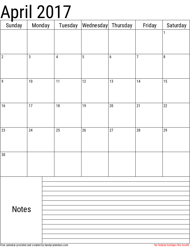 April 2017 Vertical Calendar With Notes And Holidays - Handy Calendars