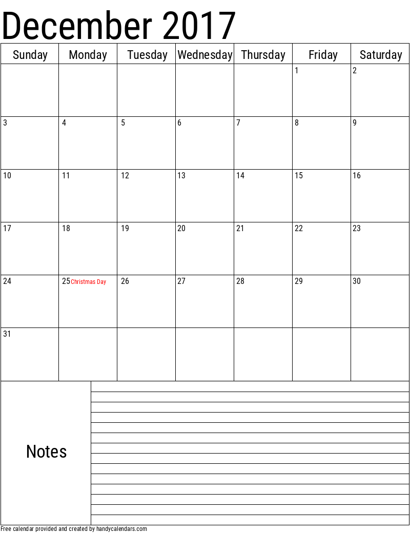December 2017 Vertical Calendar With Notes And Holidays - Handy Calendars