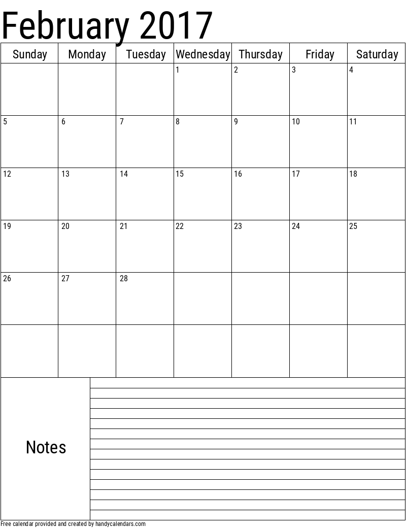 February 2017 Vertical Calendar With Notes - Handy Calendars