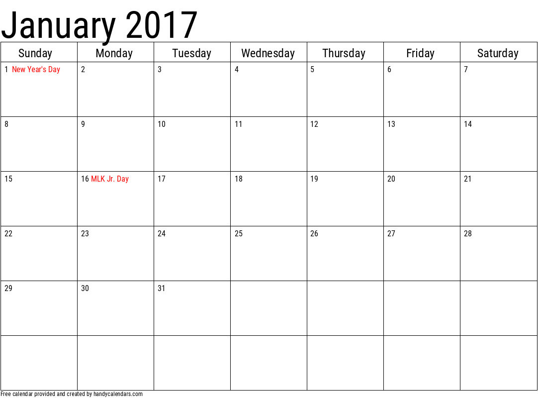 January 2017 Calendar With Holidays - Handy Calendars