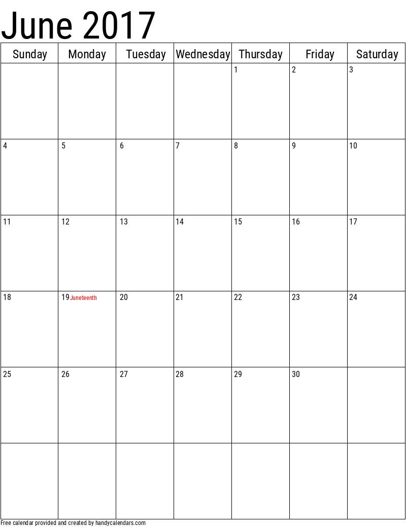 June 2017 Vertical Calendar With Holidays - Handy Calendars