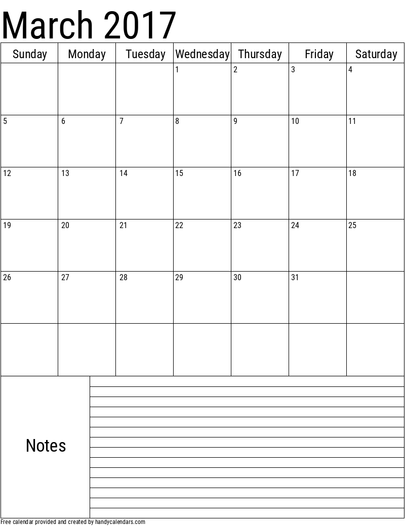 March 2017 Vertical Calendar With Notes - Handy Calendars