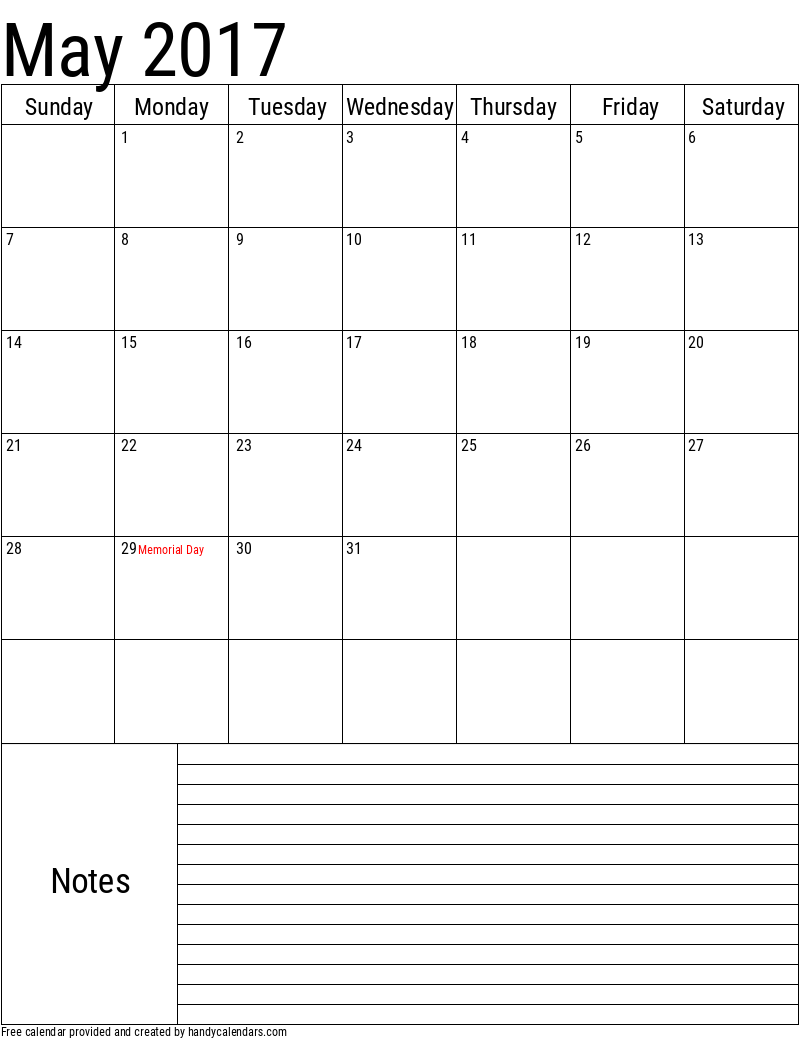 May 2017 Vertical Calendar With Notes And Holidays - Handy Calendars