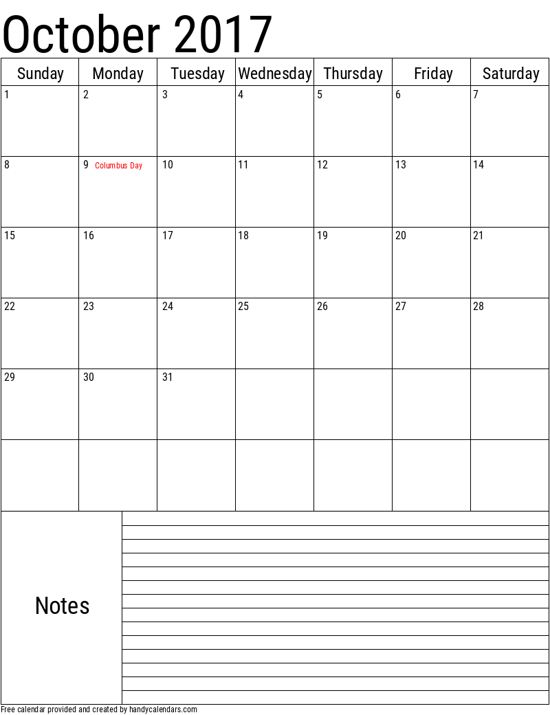 October 2017 Vertical Calendar With Notes And Holidays - Handy Calendars