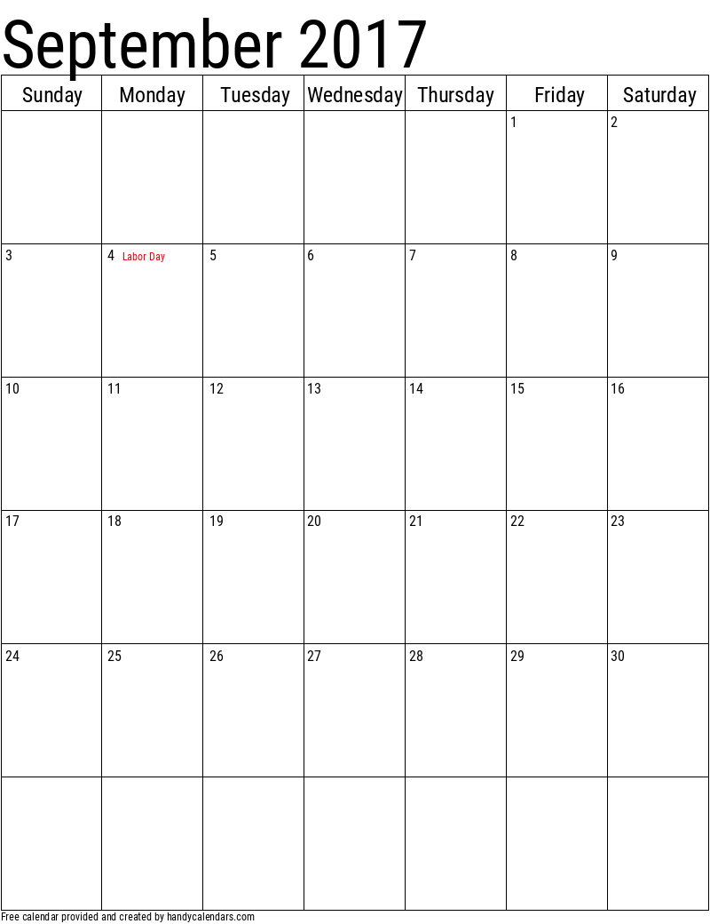 September 2017 Vertical Calendar With Holidays - Handy Calendars