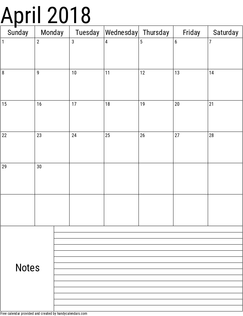 April 2018 Vertical Calendar With Notes - Handy Calendars