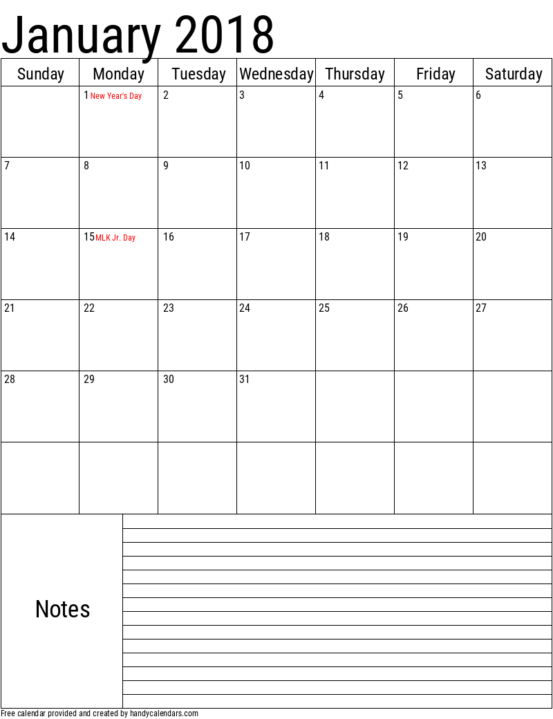 January 2018 Vertical Calendar With Notes And Holidays - Handy Calendars