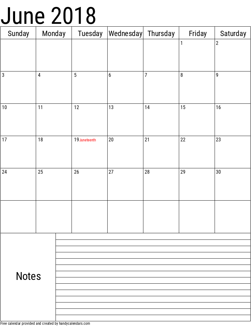 June 2018 Vertical Calendar With Notes And Holidays - Handy Calendars