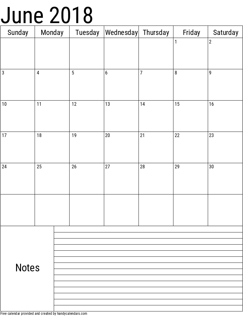 June 2018 Vertical Calendar With Notes - Handy Calendars