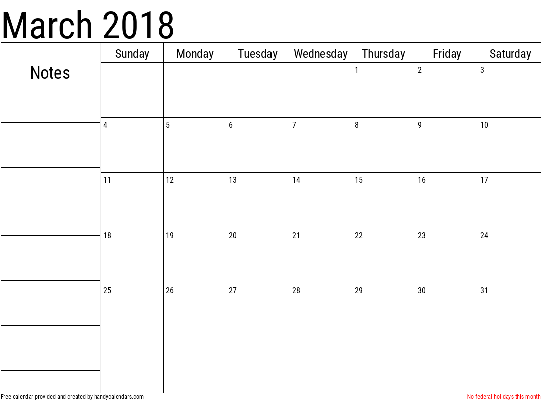 March 2018 Calendar With Notes And Holidays - Handy Calendars