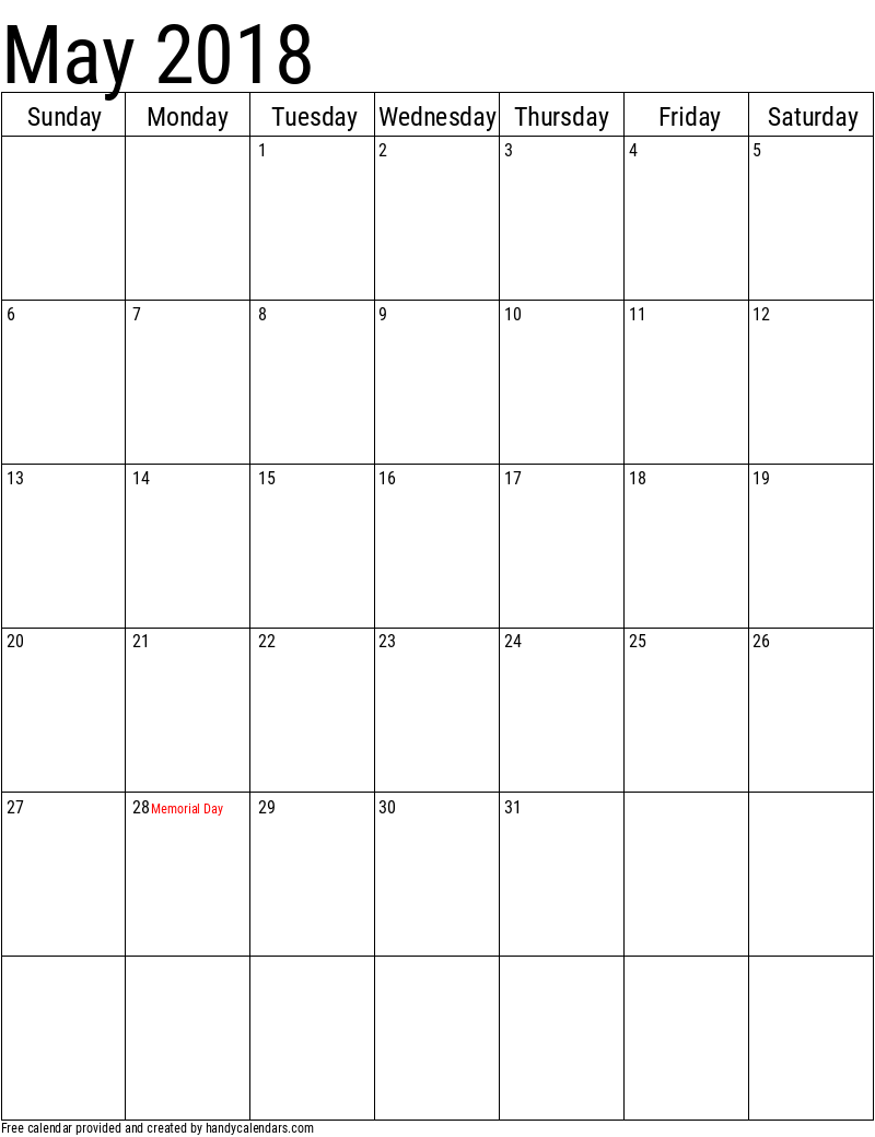 May 2018 Vertical Calendar With Holidays - Handy Calendars