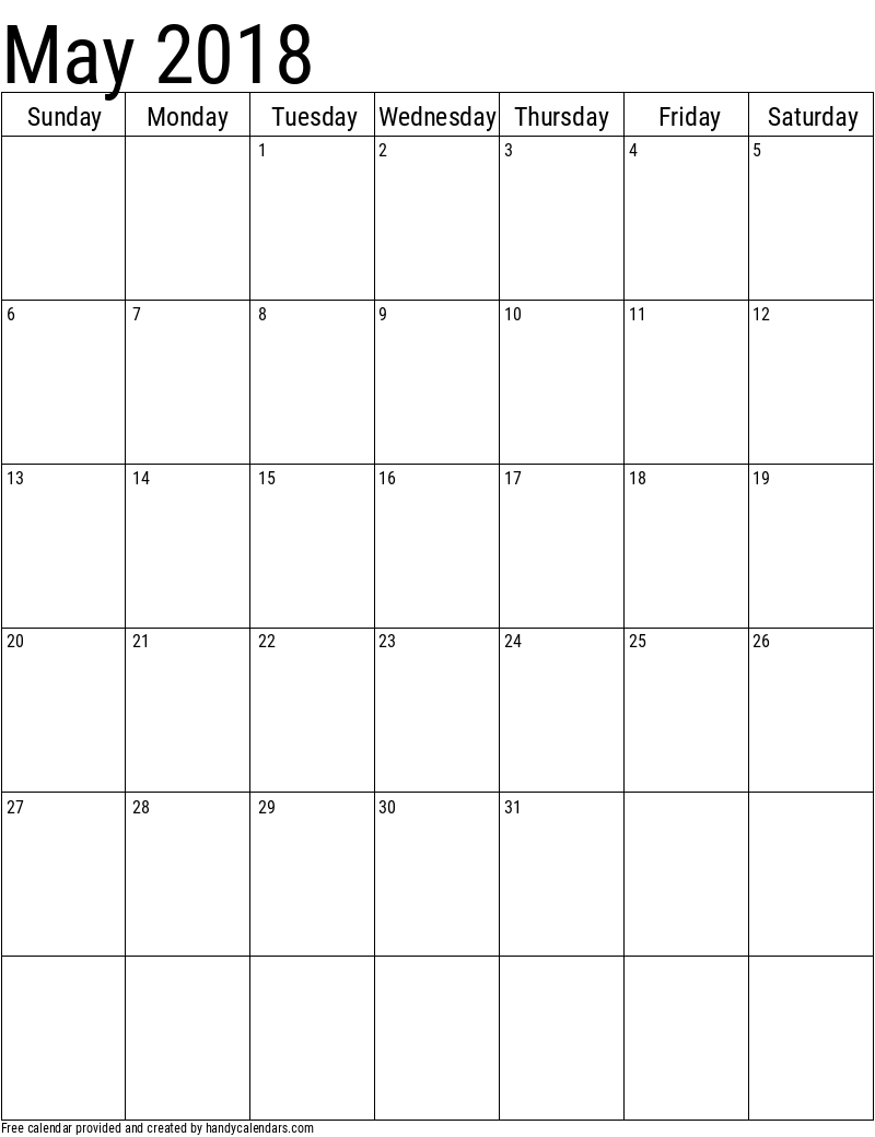 May 2018 Vertical Calendar - Handy Calendars