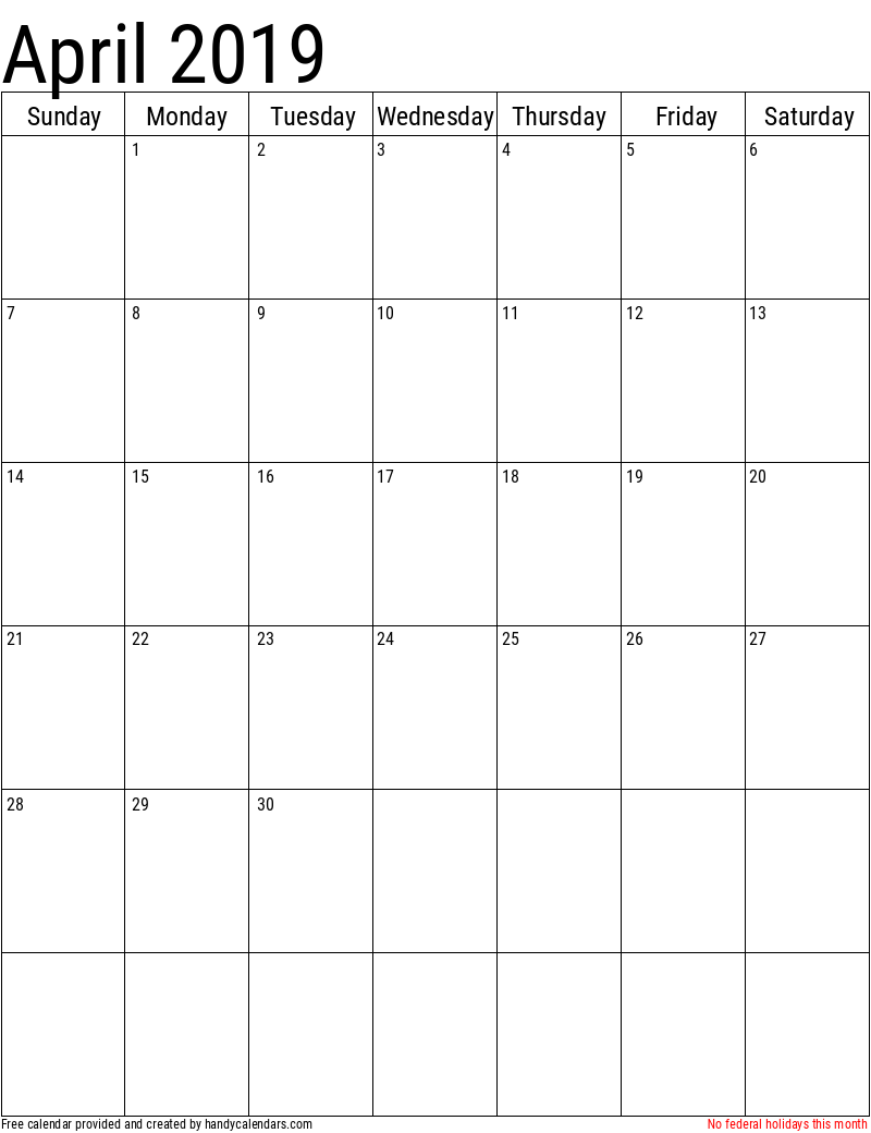 April 2019 Vertical Calendar With Holidays - Handy Calendars