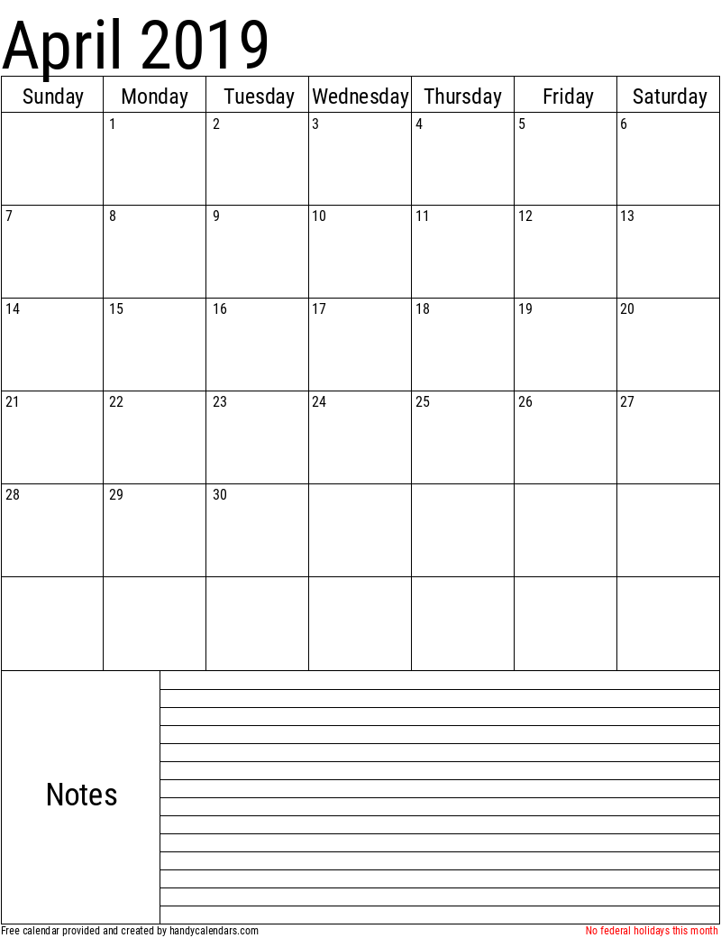 April 2019 Vertical Calendar With Notes And Holidays - Handy Calendars