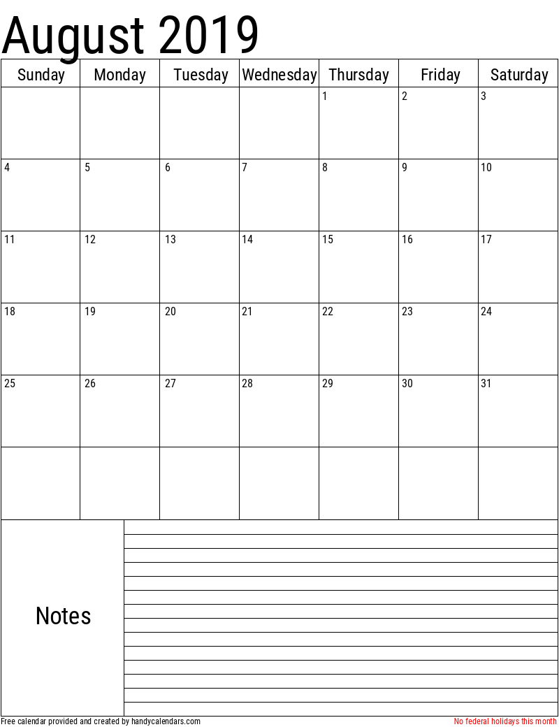 August 2019 Vertical Calendar With Notes And Holidays - Handy Calendars