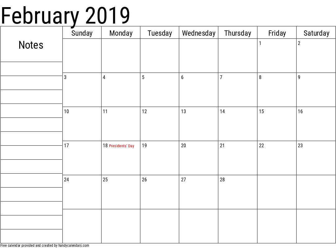 February 2019 Calendar With Notes And Holidays - Handy Calendars