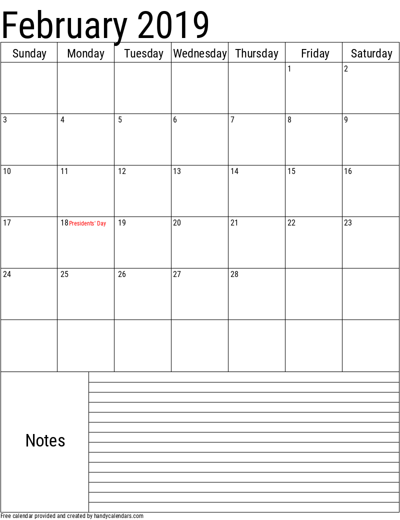 January 2019 Vertical Calendar With Notes And Holidays - Handy Calendars