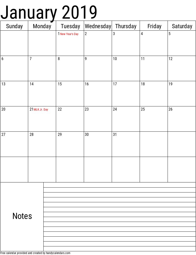 January 2019 Vertical Calendar With Notes And Holidays - Handy Calendars