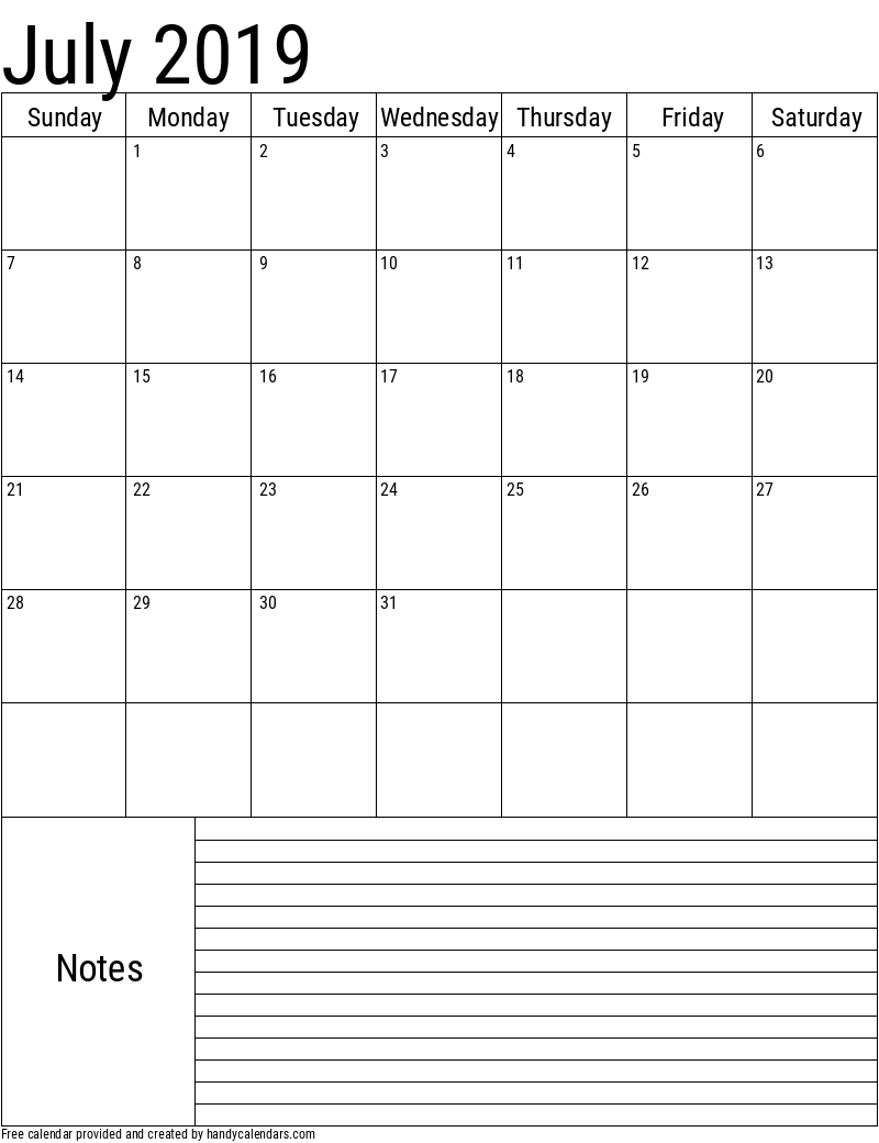 July 2019 Vertical Calendar With Notes - Handy Calendars