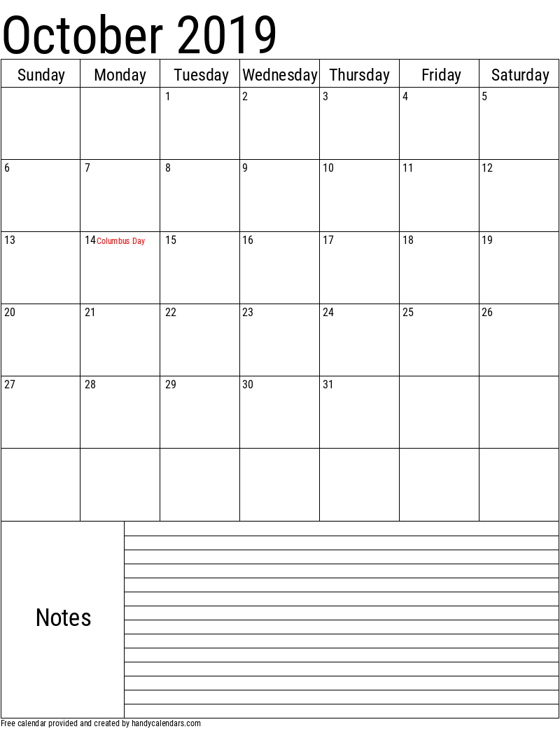 October 2019 Vertical Calendar With Notes And Holidays - Handy Calendars