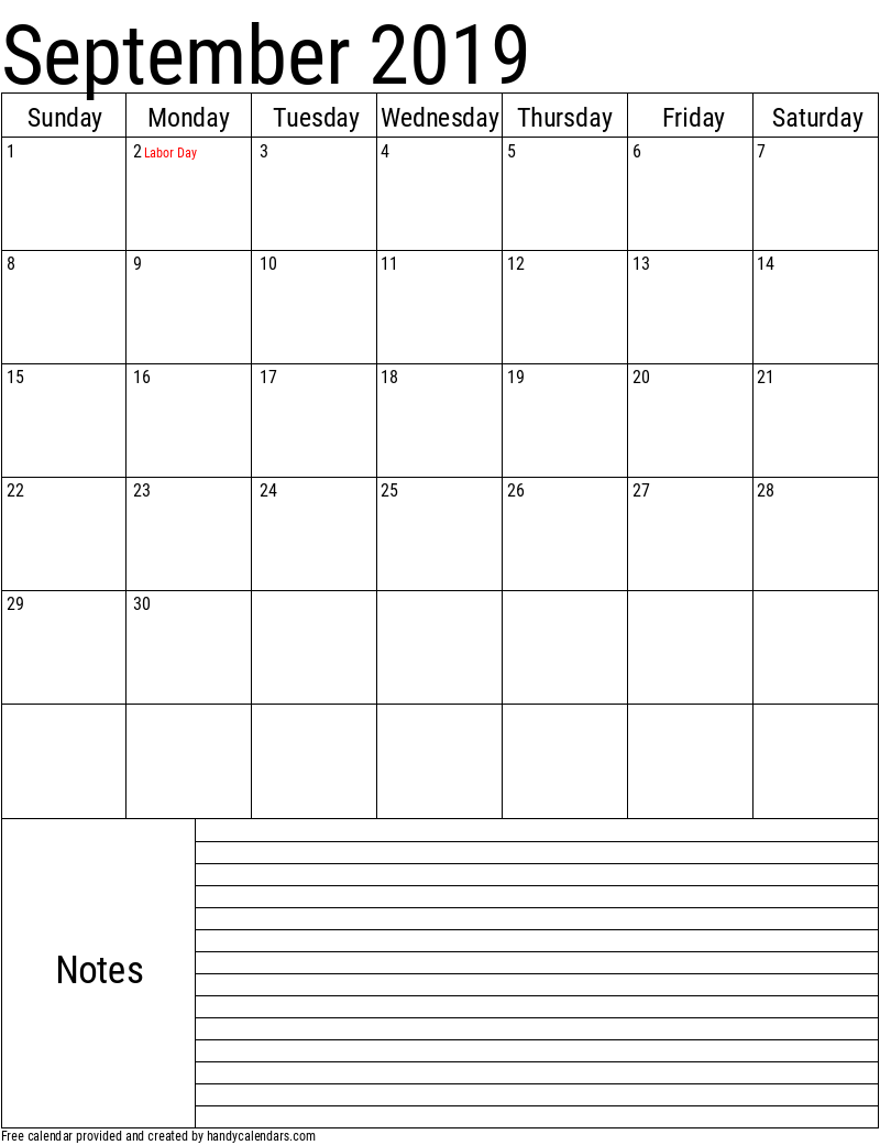 September 2019 Vertical Calendar With Notes And Holidays - Handy Calendars