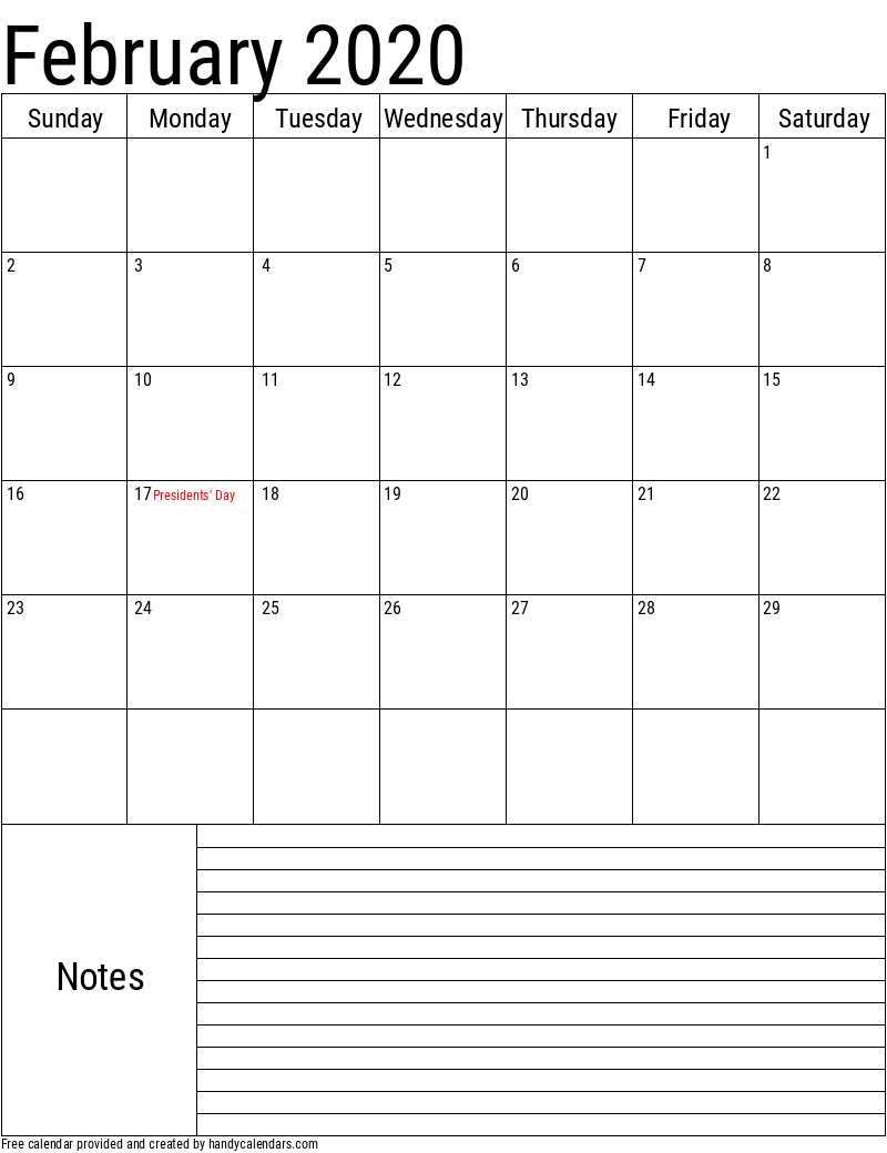 February 2020 Vertical Calendar With Notes And Holidays - Handy Calendars