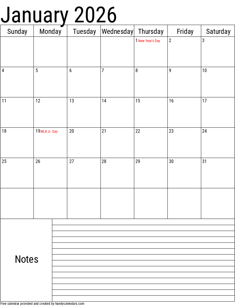 January 2026 Vertical Calendar With Notes And Holidays - Handy Calendars