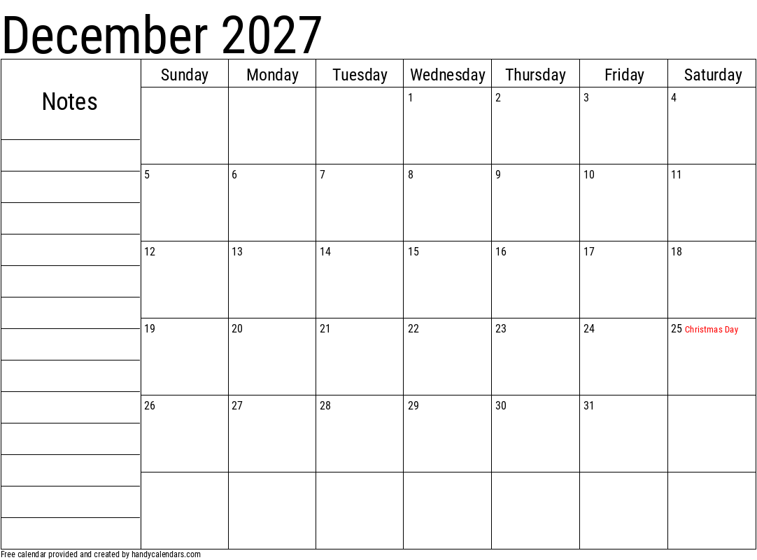 December 2027 Calendar With Notes And Holidays - Handy Calendars