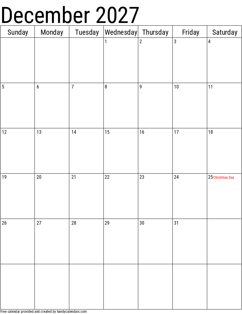 December 2027 Vertical Calendar With Holidays - Handy Calendars