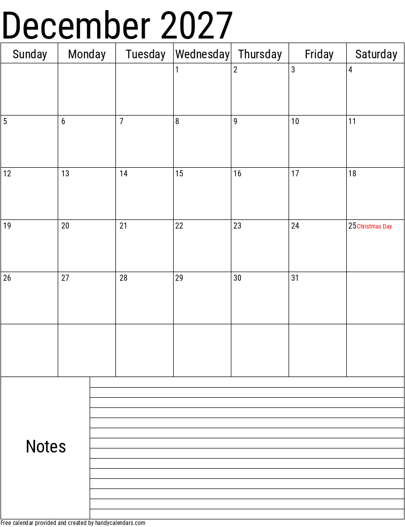 December 2027 Vertical Calendar With Notes And Holidays - Handy Calendars