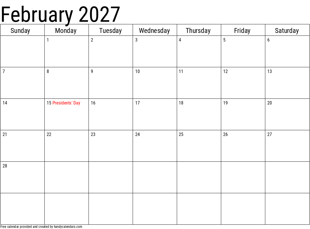 2027 February Calendars Handy Calendars
