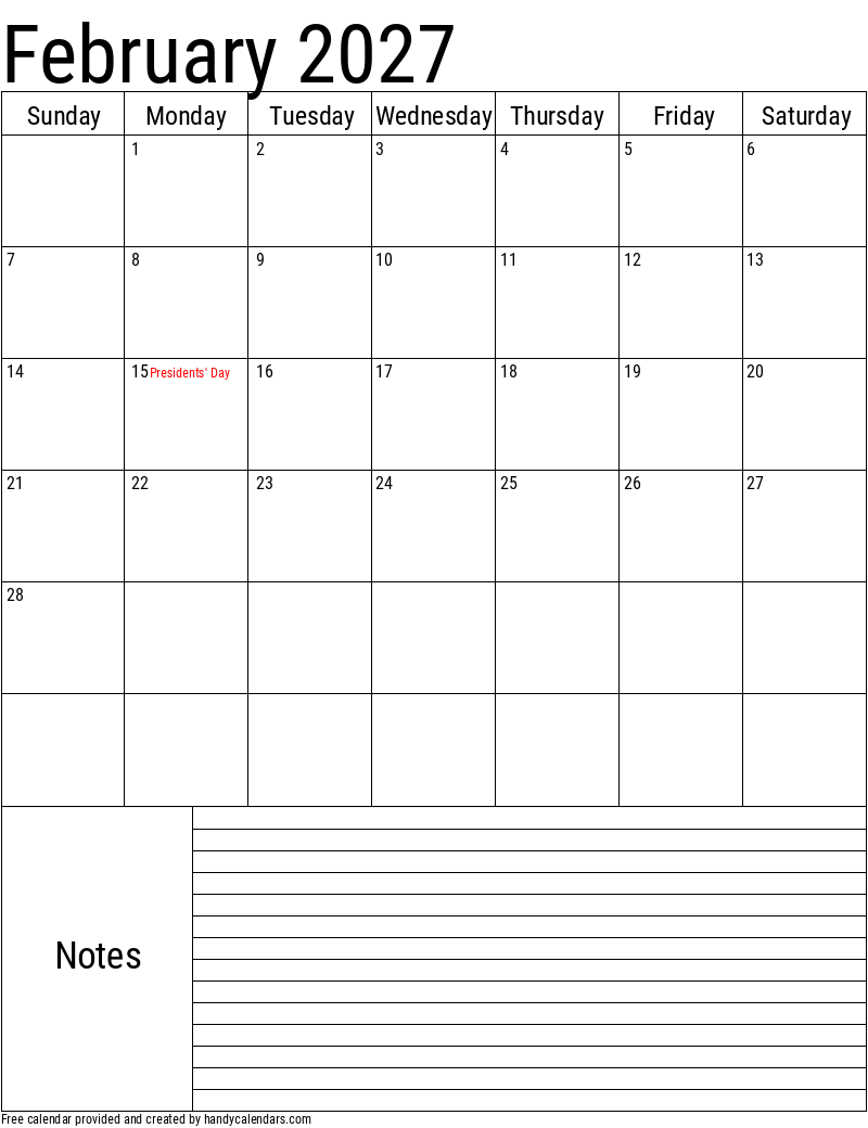 February 2027 Vertical Calendar With Notes And Holidays - Handy Calendars