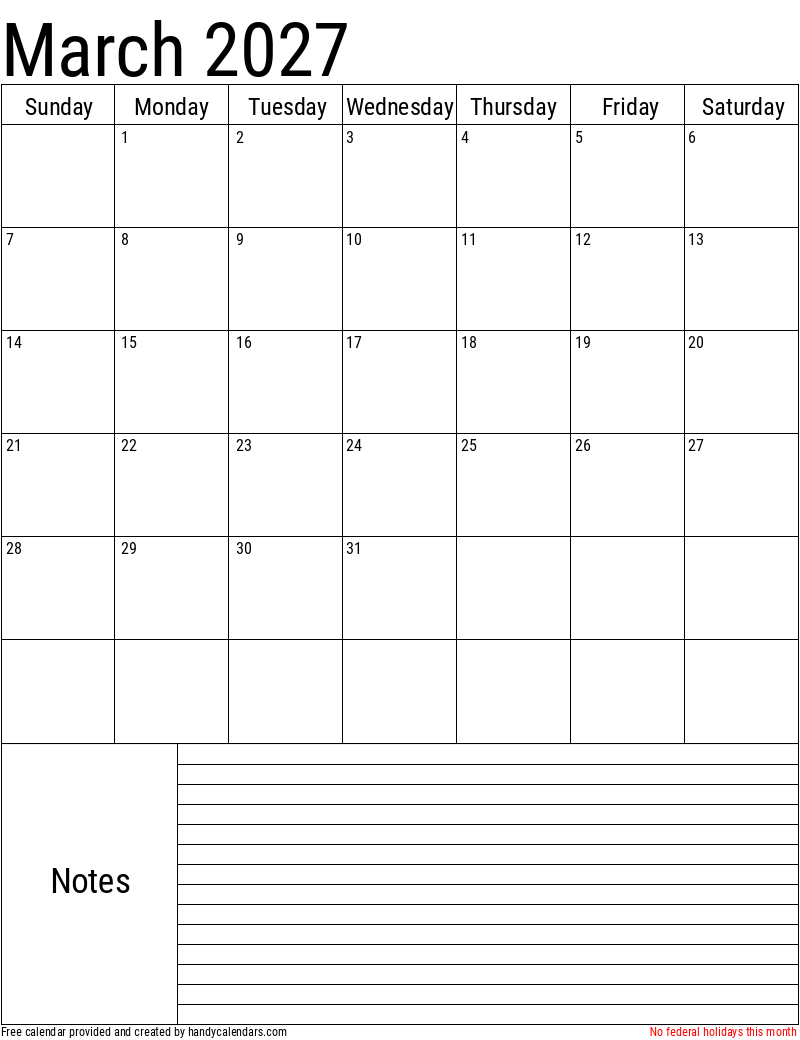 March 2027 Vertical Calendar With Notes And Holidays - Handy Calendars