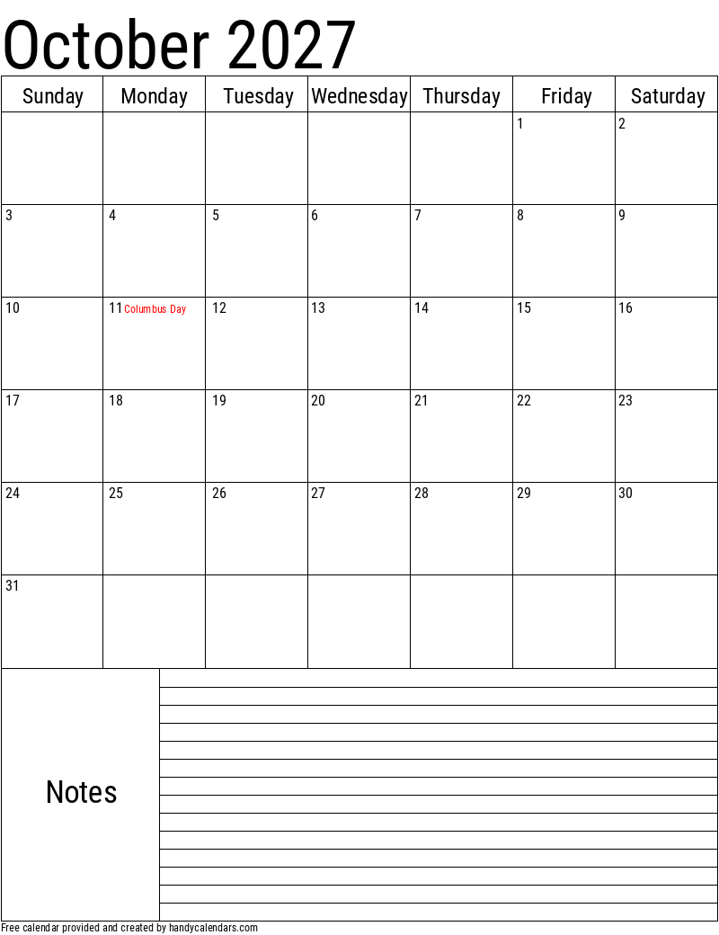 October 2027 Vertical Calendar With Notes And Holidays - Handy Calendars