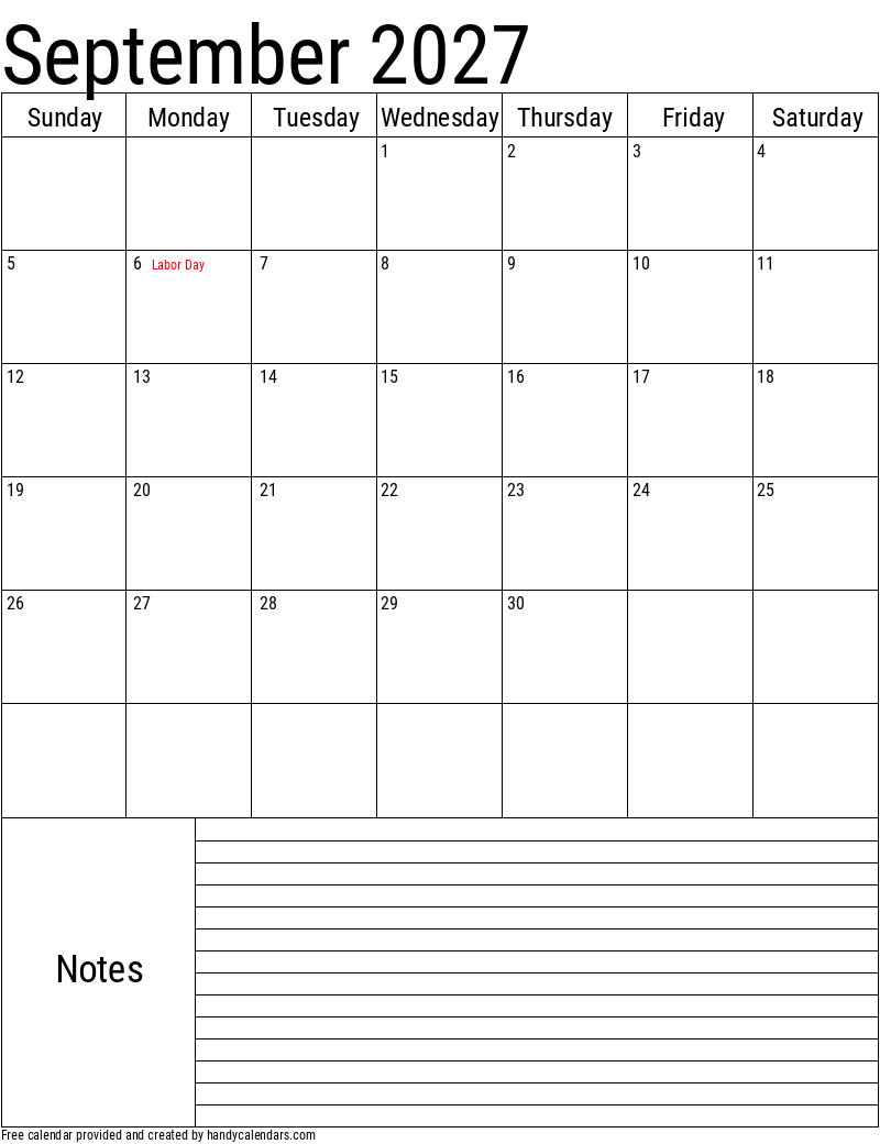 September 2027 Vertical Calendar With Notes And Holidays - Handy Calendars