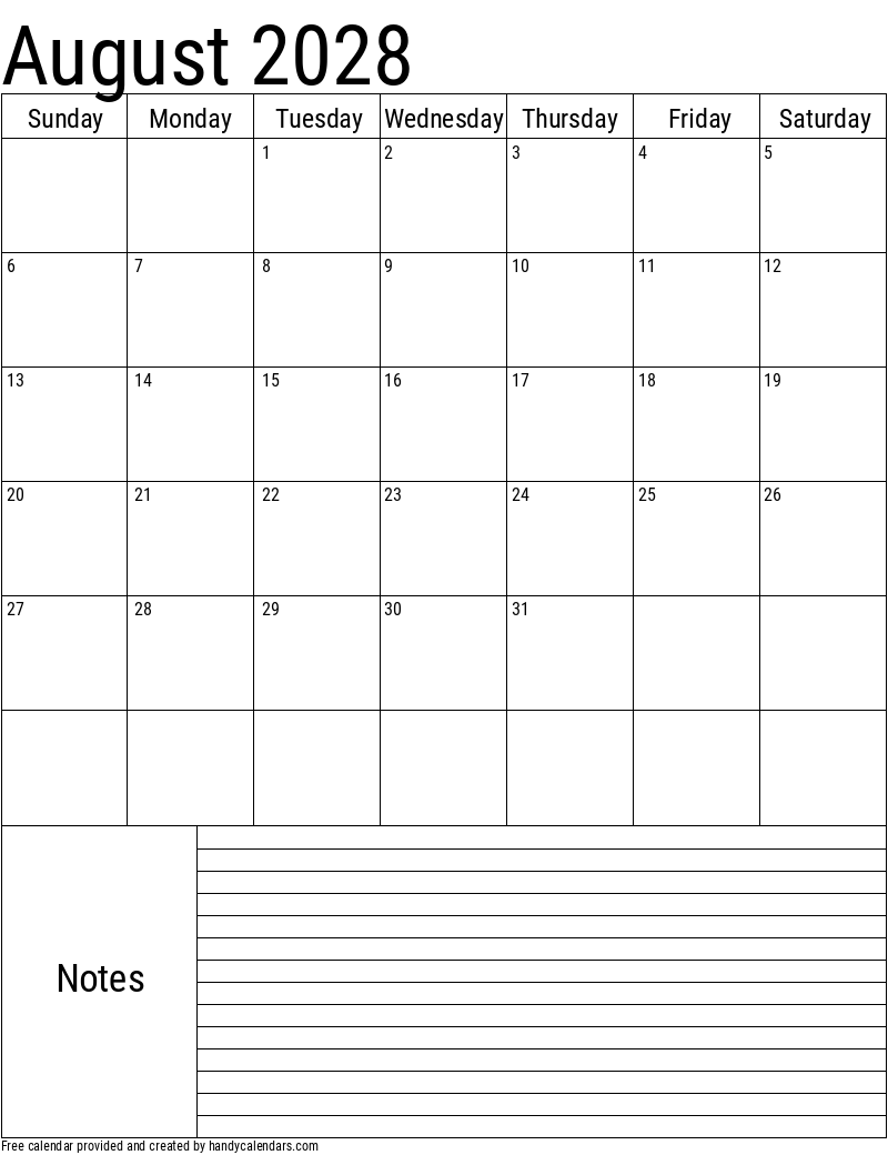 August 2028 Vertical Calendar With Notes - Handy Calendars
