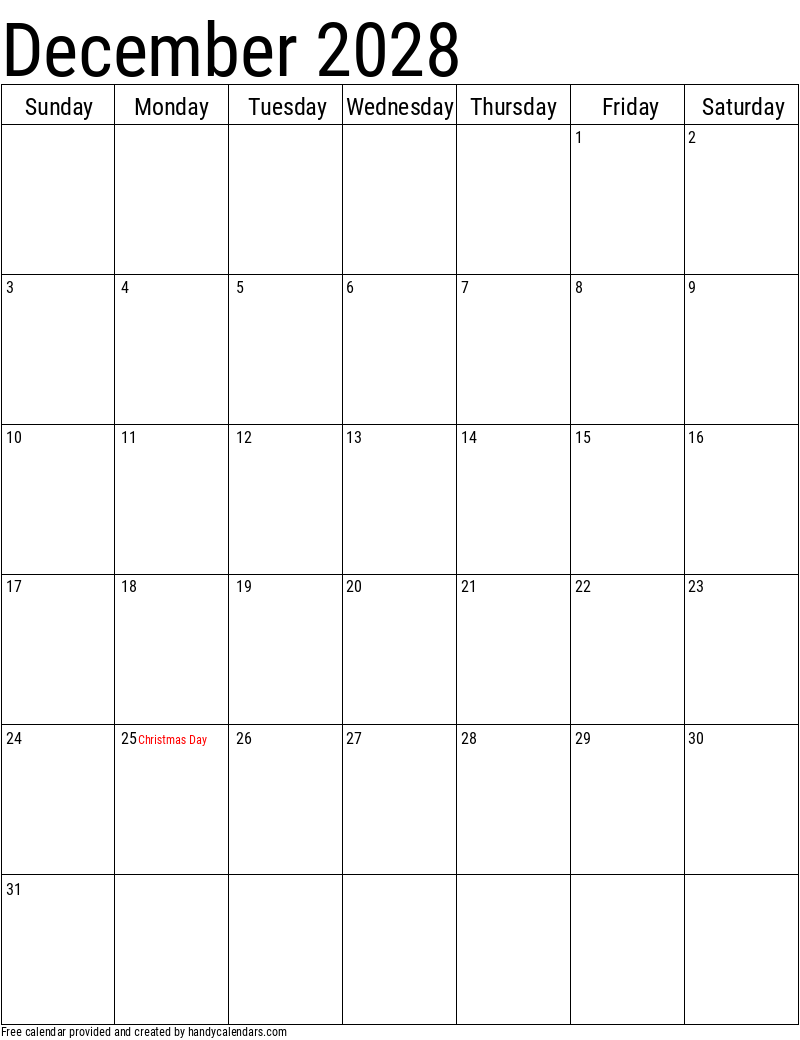 December 2028 Vertical Calendar With Holidays - Handy Calendars