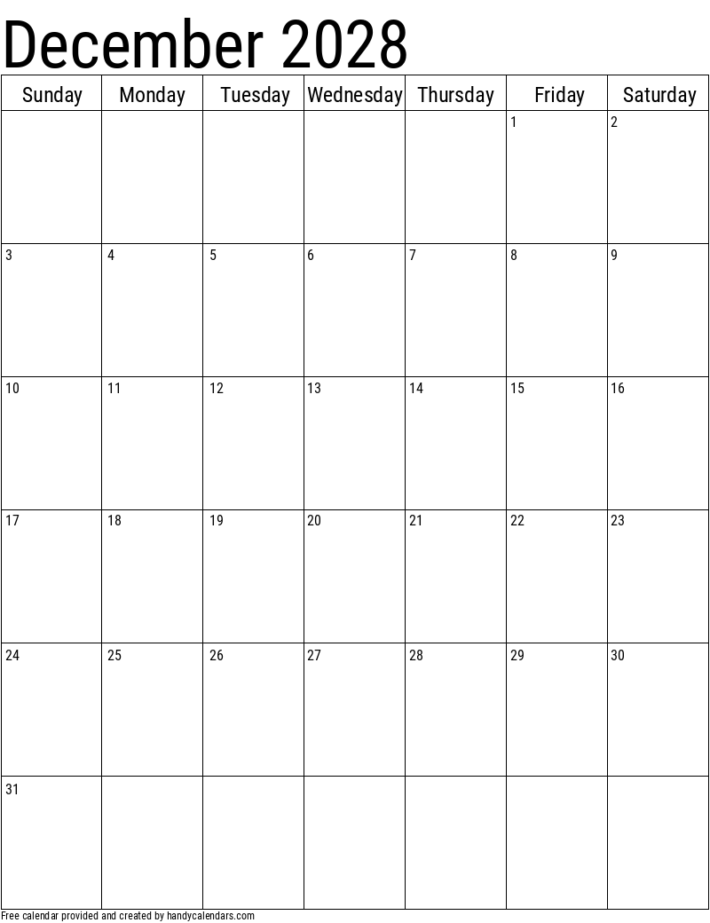 December 2028 Vertical Calendar With Notes And Holidays - Handy Calendars
