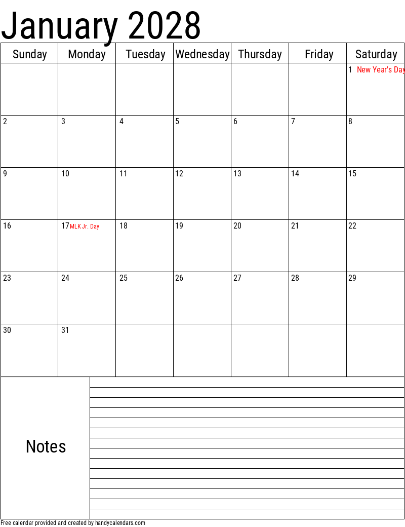 January 2028 Vertical Calendar With Notes And Holidays - Handy Calendars