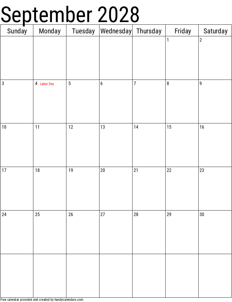 September 2028 Vertical Calendar With Holidays - Handy Calendars