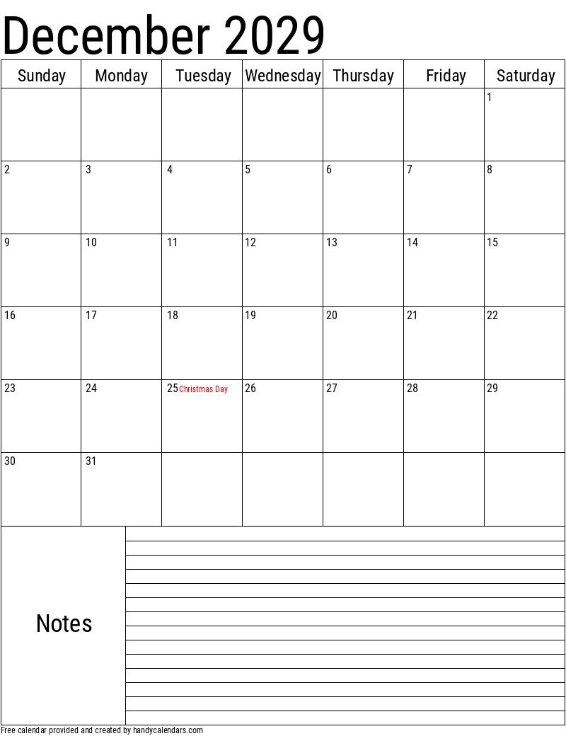 December 2029 Vertical Calendar With Notes And Holidays - Handy Calendars