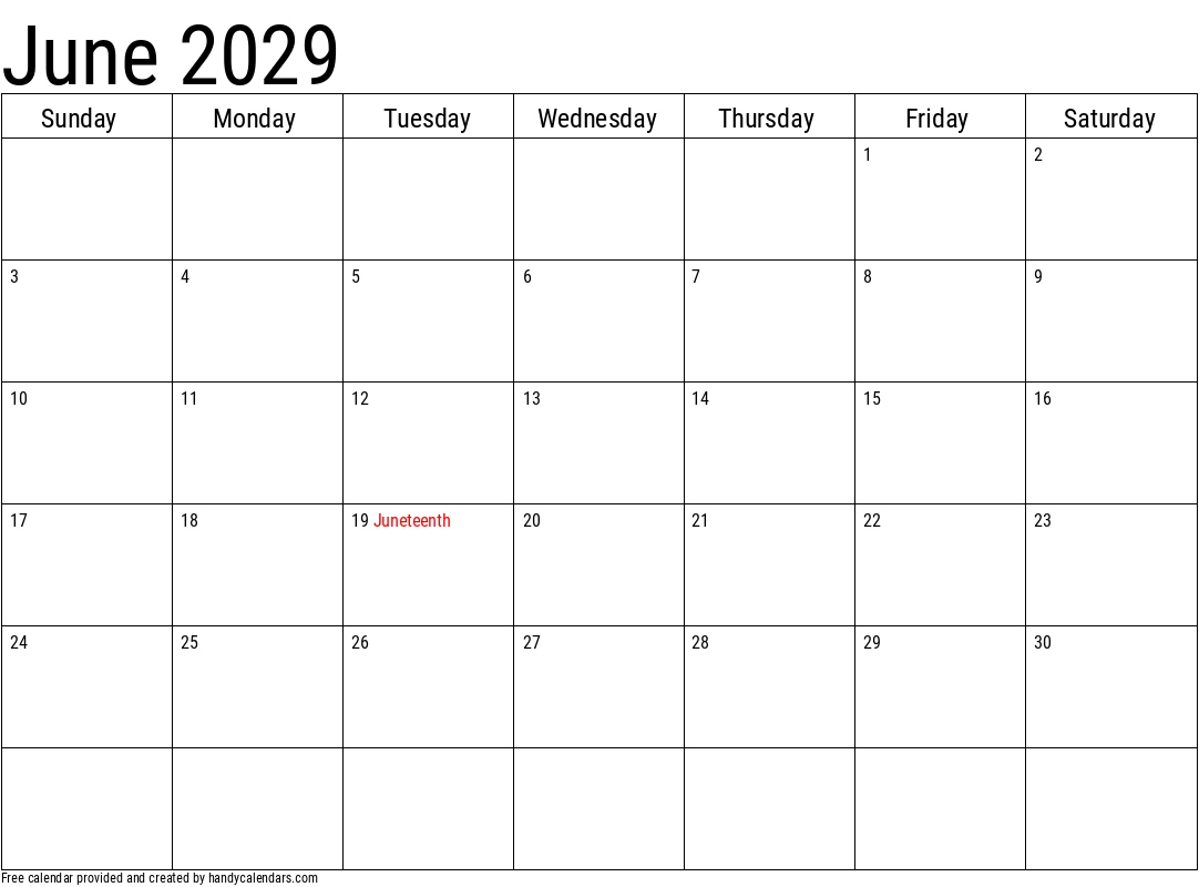 June 2029 Calendar With Holidays - Handy Calendars