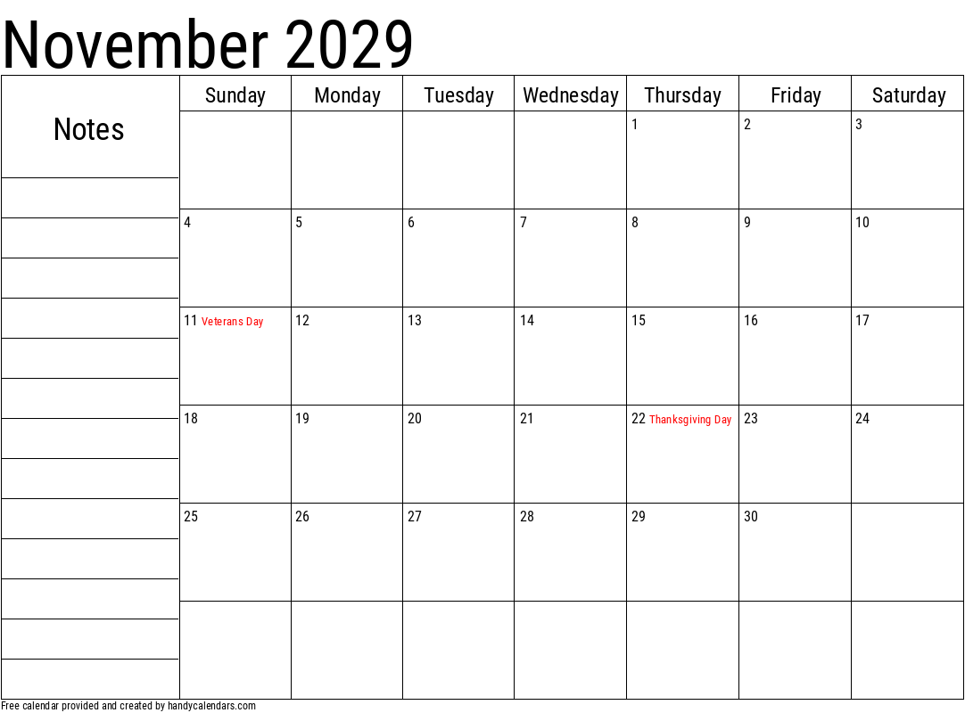 November 2029 Calendar With Notes And Holidays - Handy Calendars