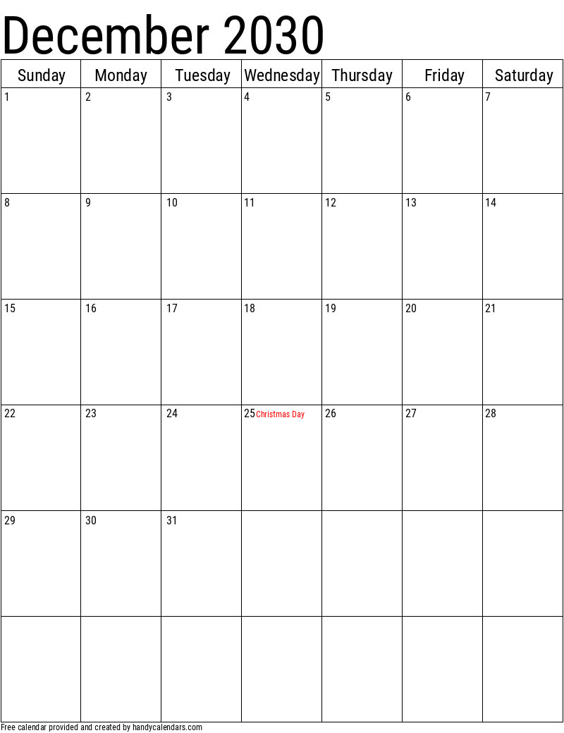December 2030 Vertical Calendar With Holidays - Handy Calendars