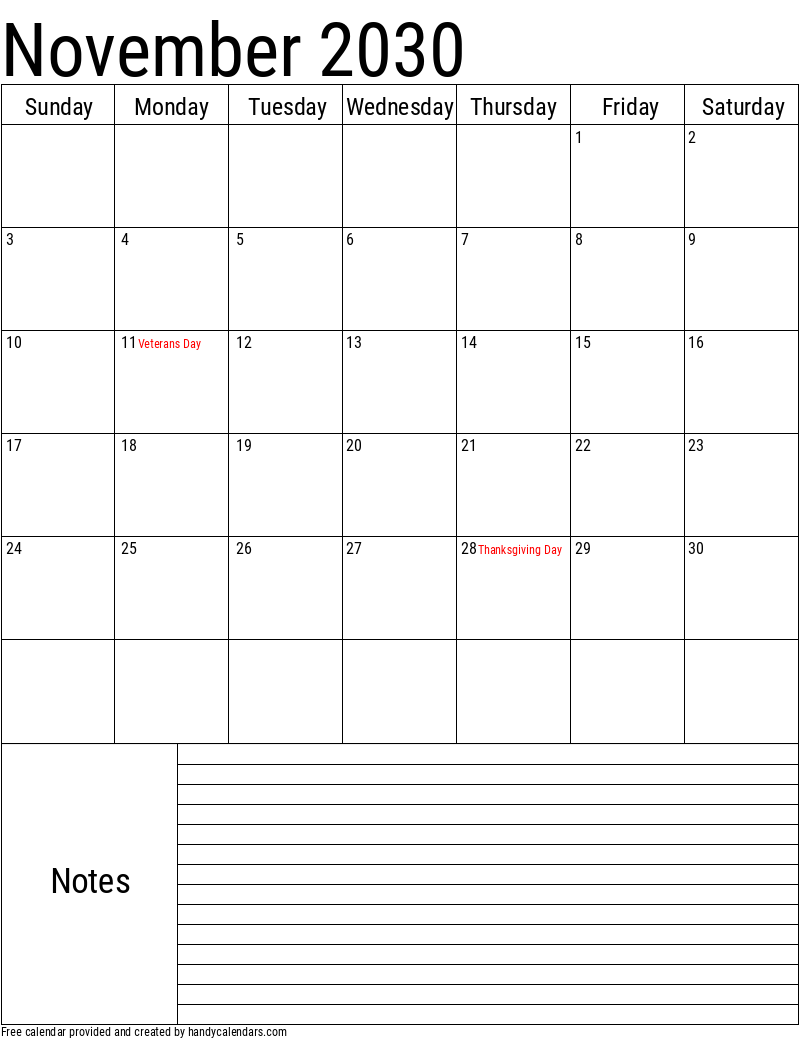 November 2030 Vertical Calendar With Notes And Holidays - Handy Calendars
