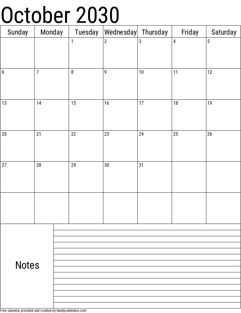 October 2030 Vertical Calendar With Notes - Handy Calendars