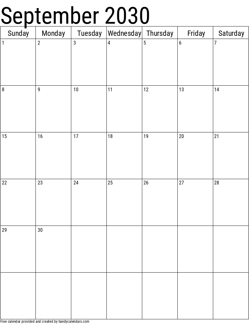 September 2030 Vertical Calendar - Handy Calendars